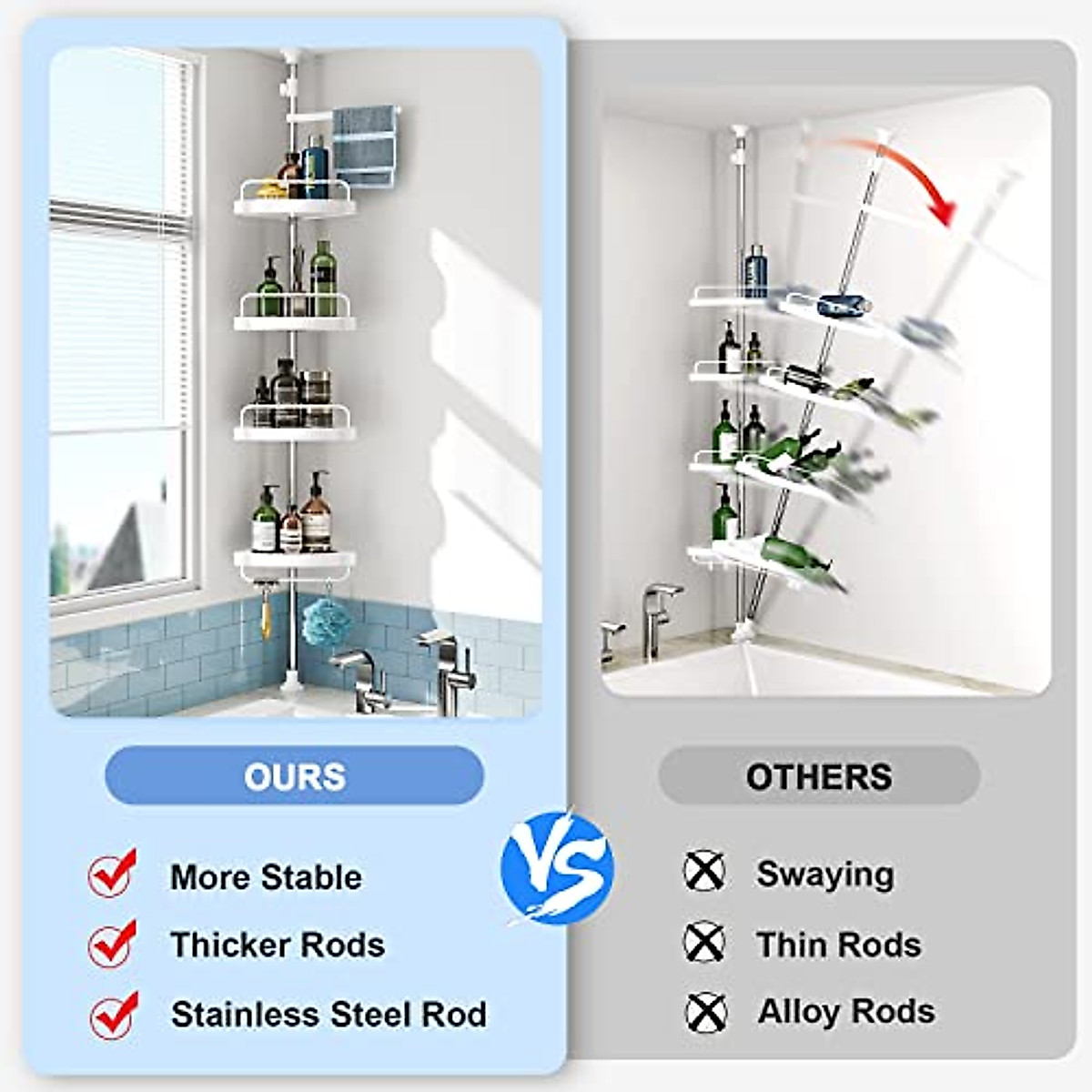 Corner Shower Caddy Tension Pole: Rust Proof 4Tier Shampoo Storage Organizer for Inside Shower - Telescoping Rod Shower Rack for Bathroom and Bathtub - Restroom Floor Standing Bath Rack Holder