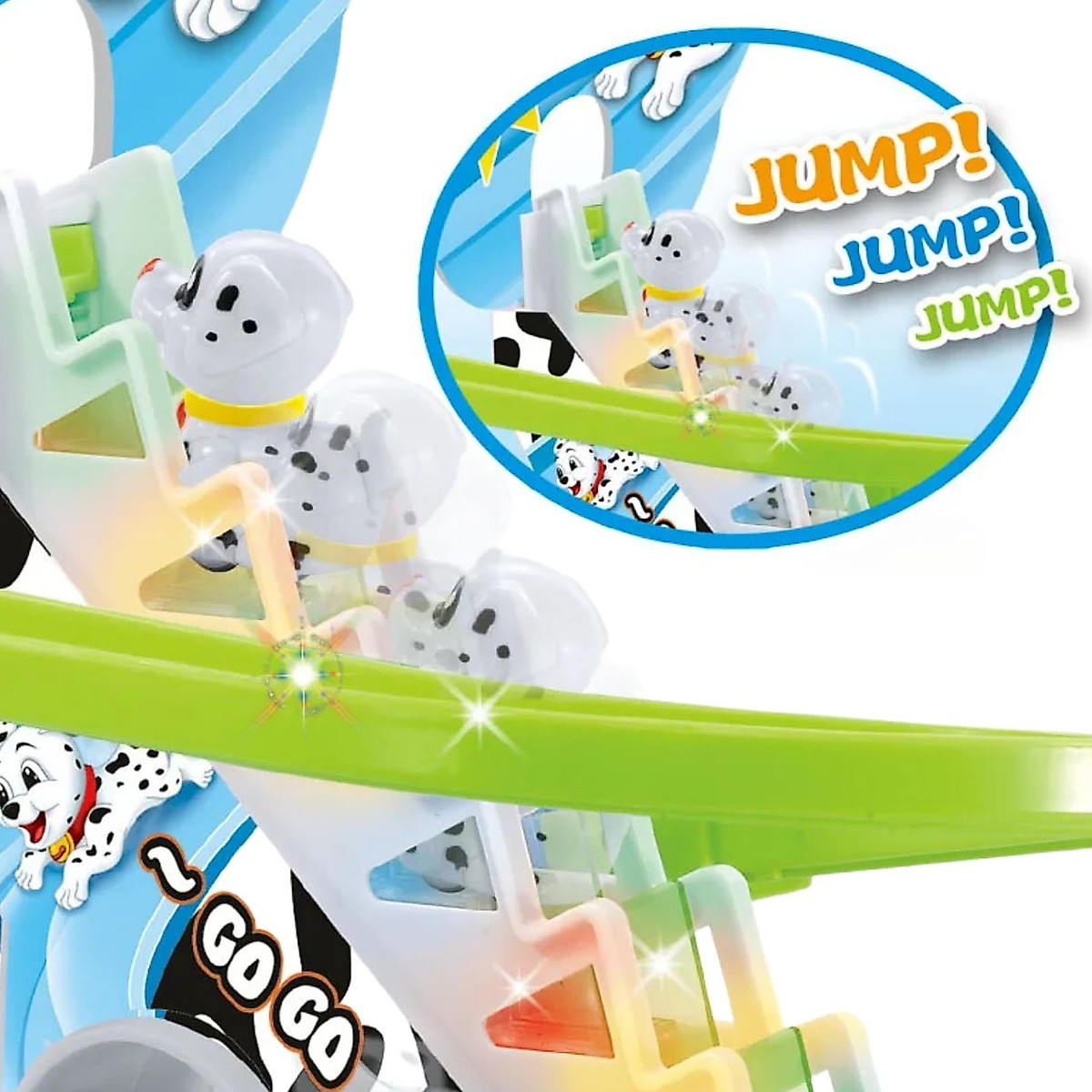 Dalmatian Racer Climbing Stairs Slide Toy - Spotty Dog Race Track Puppy Chasing Roller Coaster Game Set with LED Lights and Music for Toddlers, Kids