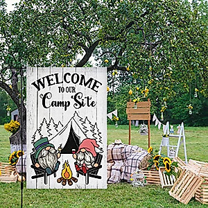 Louise Maelys Camping Camper Gnome Garden Flag for Campsite Vertical 12x18 Double Sided, Welcome to Our Camp Site Small Camping Flags Outdoor Fire Pit Camper Camping Campsite Decoration (ONLY FLAG)