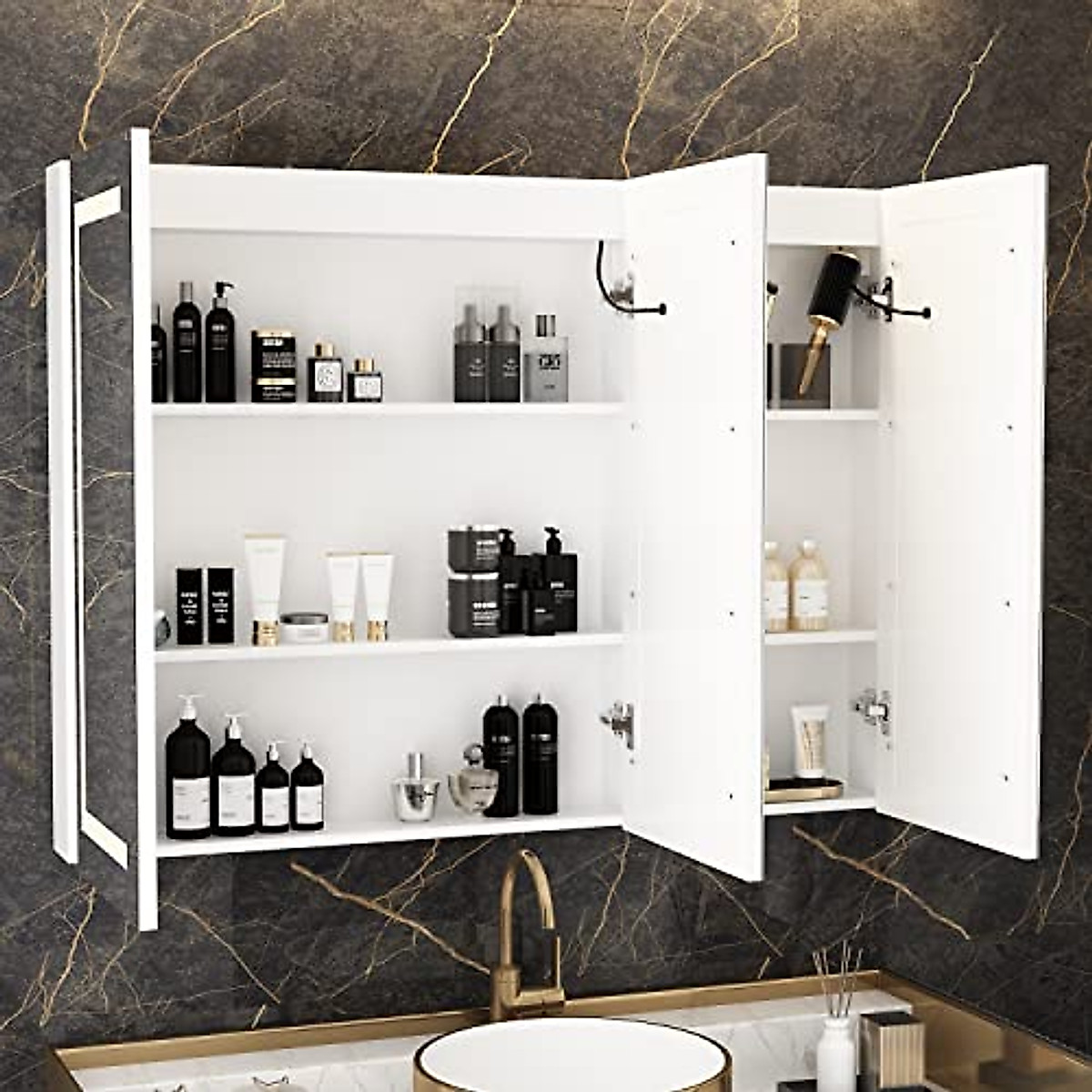 ECACAD LED Lighted Bathroom Medicine Cabinet with Mirror & Shelves, Wall Mounted Bathroom Mirror Cabinet with 3 Doors, Defogger， Adjustable Light Color & Brightness, White