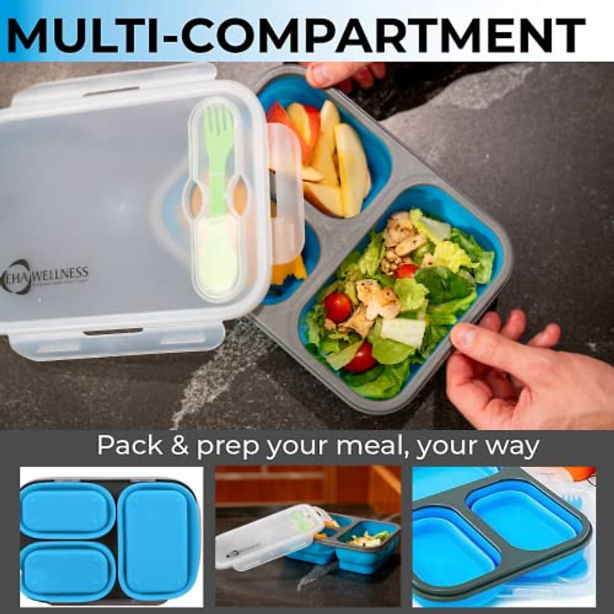 CHEESE CHOPPER Collapsible Food Storage Container for Meal Prep | 3 Separate Compartments with Clip in Fork & Spoon | Microwave, Dishwasher Safe & BPA Free