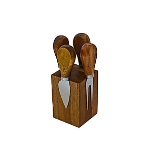 Creative Gifts Charcuterie Cheese Knife Spreader Set 3.5 Inch Silver Stainless Steel and Acacia Wood Magnetic Block Display, 5 Piece Set