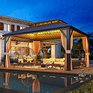 EROMMY 12' x 16' Hardtop Gazebo, Aluminum Frame Gazebos with Galvanized Steel Double Roof, Permanent Outdoor Metal Pavilion with Curtain and Netting for Patio, Lawn, Deck