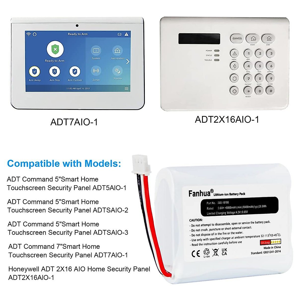 Fanhua Lithium-ion Battery 300-10186 for ADT Command Smart Security Panel ADT5AIO-1, ADT5AIO-2, ADT5AIO-3, ADT7AIO-1, Honeywell ADT2X16AIO-1, ADT2X16AIO-2, 3.6V/4.2V