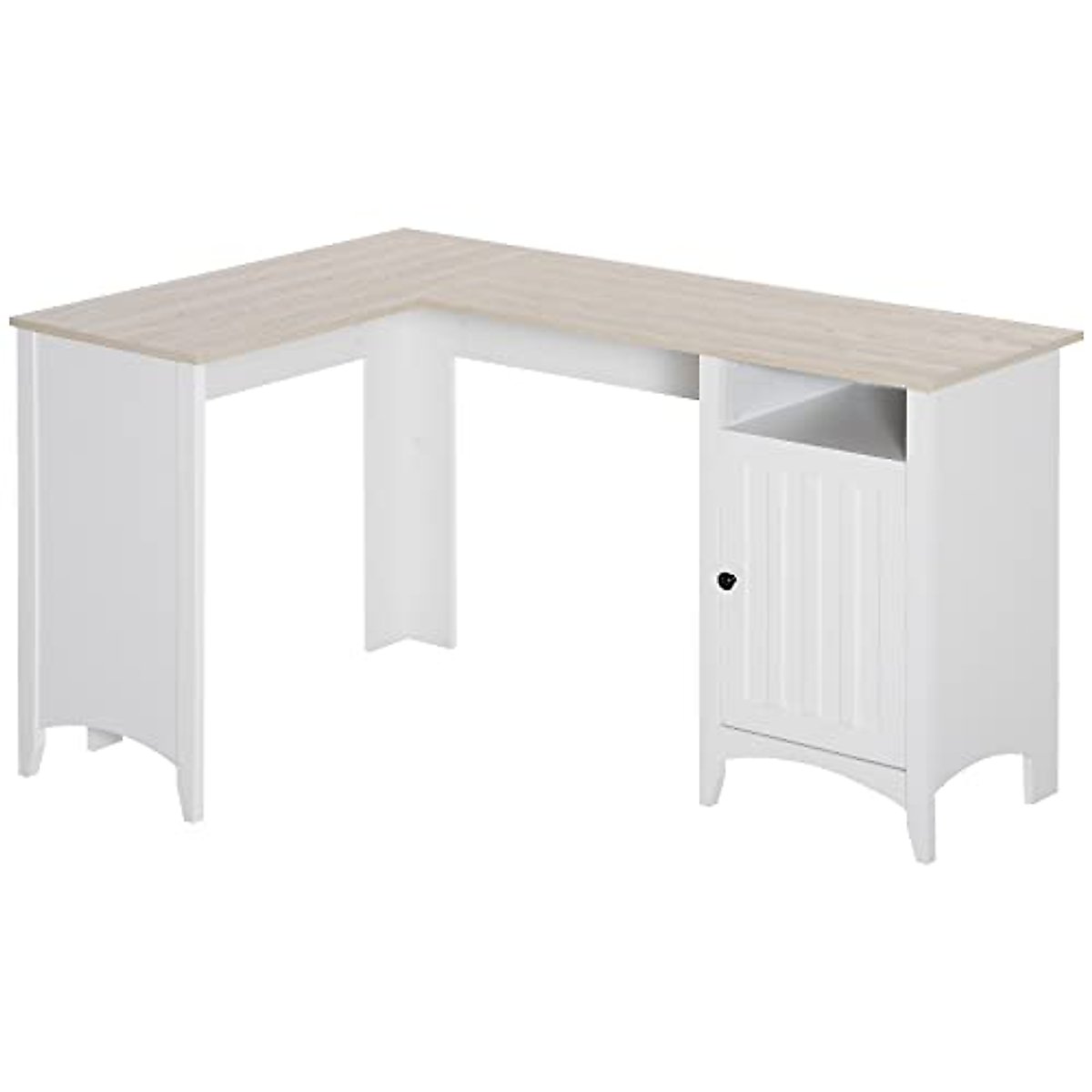 HOMCOM L-Shaped Computer Desk with Open Shelf and Storage Cabinet, Corner Writing Desk with Adjustable Shelf, White