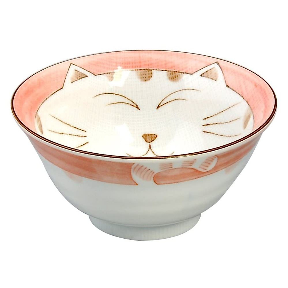 JapanBargain 2482, Japanese Porcelain Soup Bowl for Dinner Lunch Rice Poke Donburi Udon Ramen Noodle Pasta Cereal Maneki Neko Smiling Lucky Cat Pattern for Cat Lovers Made in Japan, 6-inch, Pink