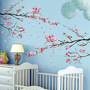 RW-KSR16 Pink Peach Flower Wall Decals Cherry Blossom Tree Branch Wall Stickers DIY Removable Florals Plants Wall Art Decor for Kids Girls Bedroom Livig Room Nursery Office Wall Decoration