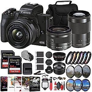 Canon EOS M50 Mark II Mirrorless Camera with 15-45mm and 55-200mm Lenses (Black) (4728C014) + 2 x 64GB Memory Card + Color Filter Kit + Filter Kit + Charger + 2 x LPE12 Battery + More (Renewed)