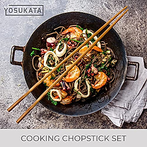 YOSUKATA Reusable Natural Wooden Long Cooking Chopsticks Set of 3 pairs: 11.8 inch, 13-inch, 14.2 inch Brown Long Wok Wooden Chopsticks Reusable