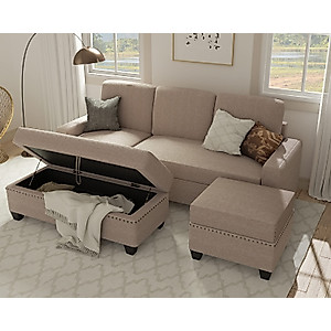 Ucloveria 81" Reversible Couch with Storage Chaise L-Shaped Apartment, Sectional Ottoman,Nailhead Textured Linen Fabric 3 Pieces Sofa Set,Warm Grey