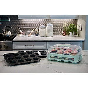 Top Shelf Elements Cupcake Carrier With Two Muffin Pan/Cupcake Pan Stylish Cupcake Carrier With Handle Carrier Holds 24 Cupcakes Muffin Tin Holds 12 Cupcakes Non Stick Cupcake Tray For Baking (Green)