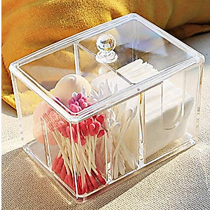 Watpot Qtip Cotton Pad Holder Dispenser Cotton Ball and Swab Storage with Lid Clear Acrylic Cotton Round Organizer, 4 Sections