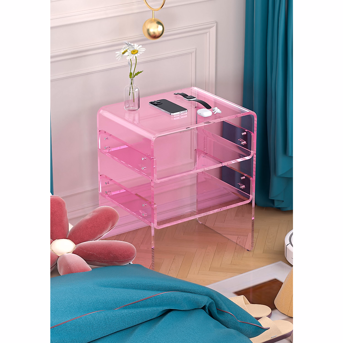 Clear Acrylic 3-Tier End Table/Nightstand – Sleek Bedside Storage with Durable Design, Perfect for Bedrooms, Living Rooms, or Modern Interiors – Ideal as a Bedside Table or Sofa Side Piece (Pink)