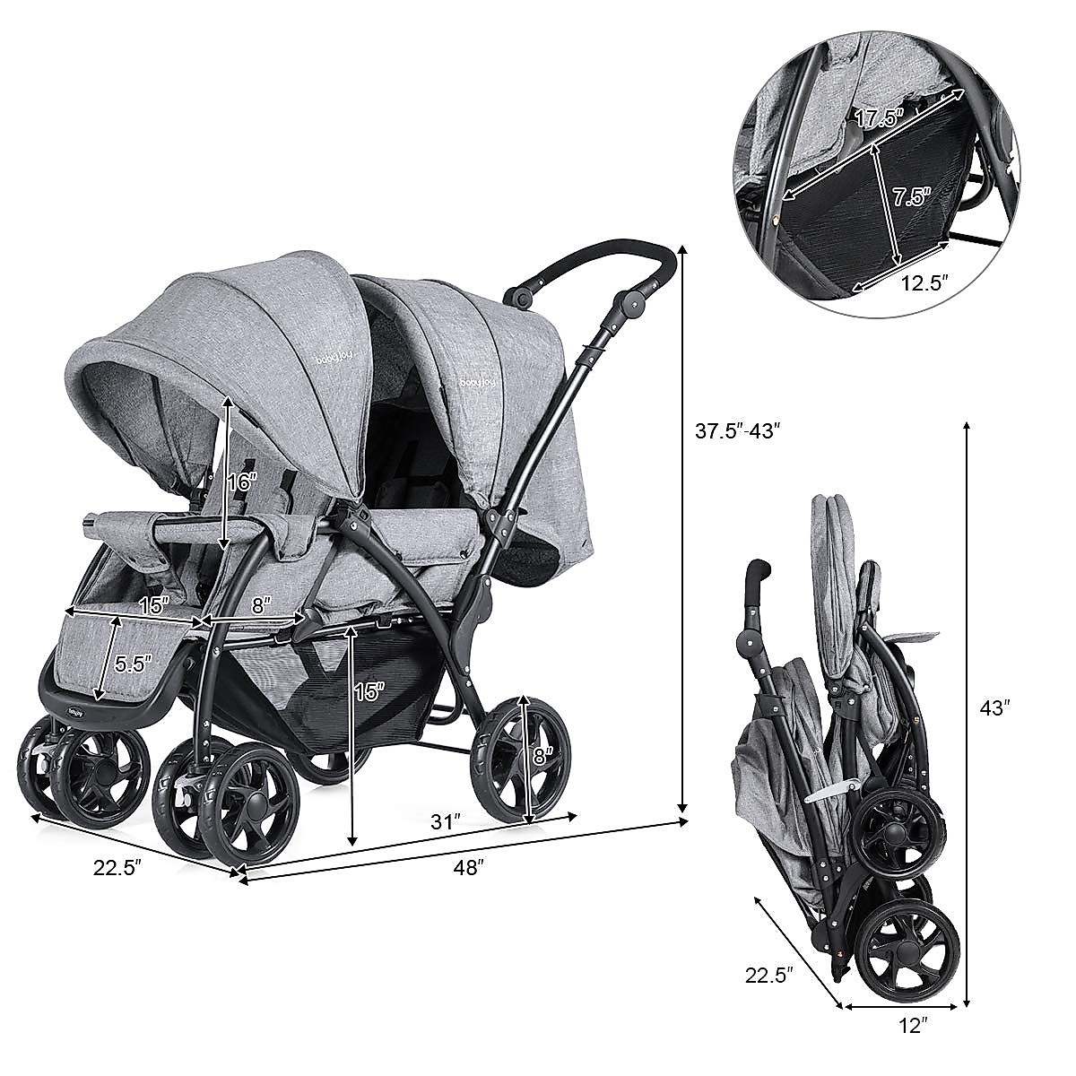 BABY JOY Double Stroller, Foldable Lightweight Twin Stroller with Tandem Seating, Adjustable Backrest/Canopy/Footrest, 5-Point Harness, Storage Basket, Double Stroller Newborn and Toddler (Gray)