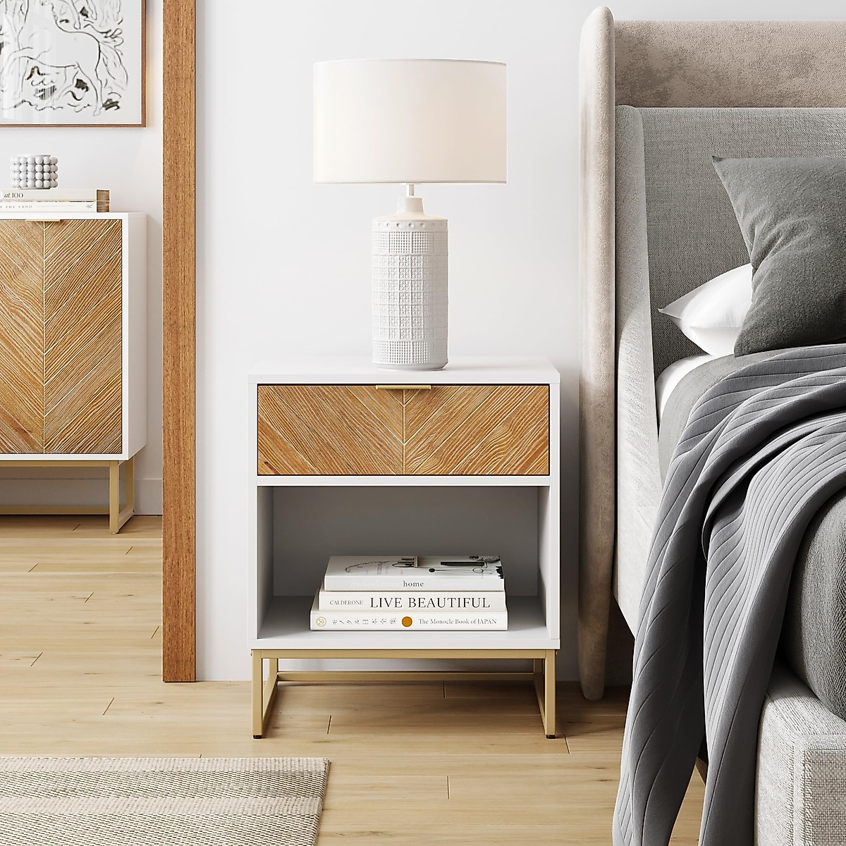 Nathan James Kensi Nightstand Side Accent or End Table with Storage, White/Gold