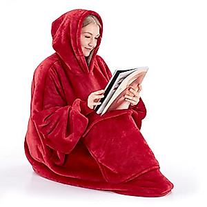 Touchat Wearable Blanket Hoodie, Oversized Sherpa Blanket Sweatshirt with Hood Pocket and Sleeves, Super Soft Warm Comfy Plush Hooded Blanket for Adult Women Men, One Size Fits All (Wine)