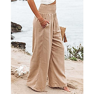 Hooever Women's Summer Linen Pants High Waisted Wide Leg Palazzo Pant Flowy Lounge Trousers (Khaki-S)