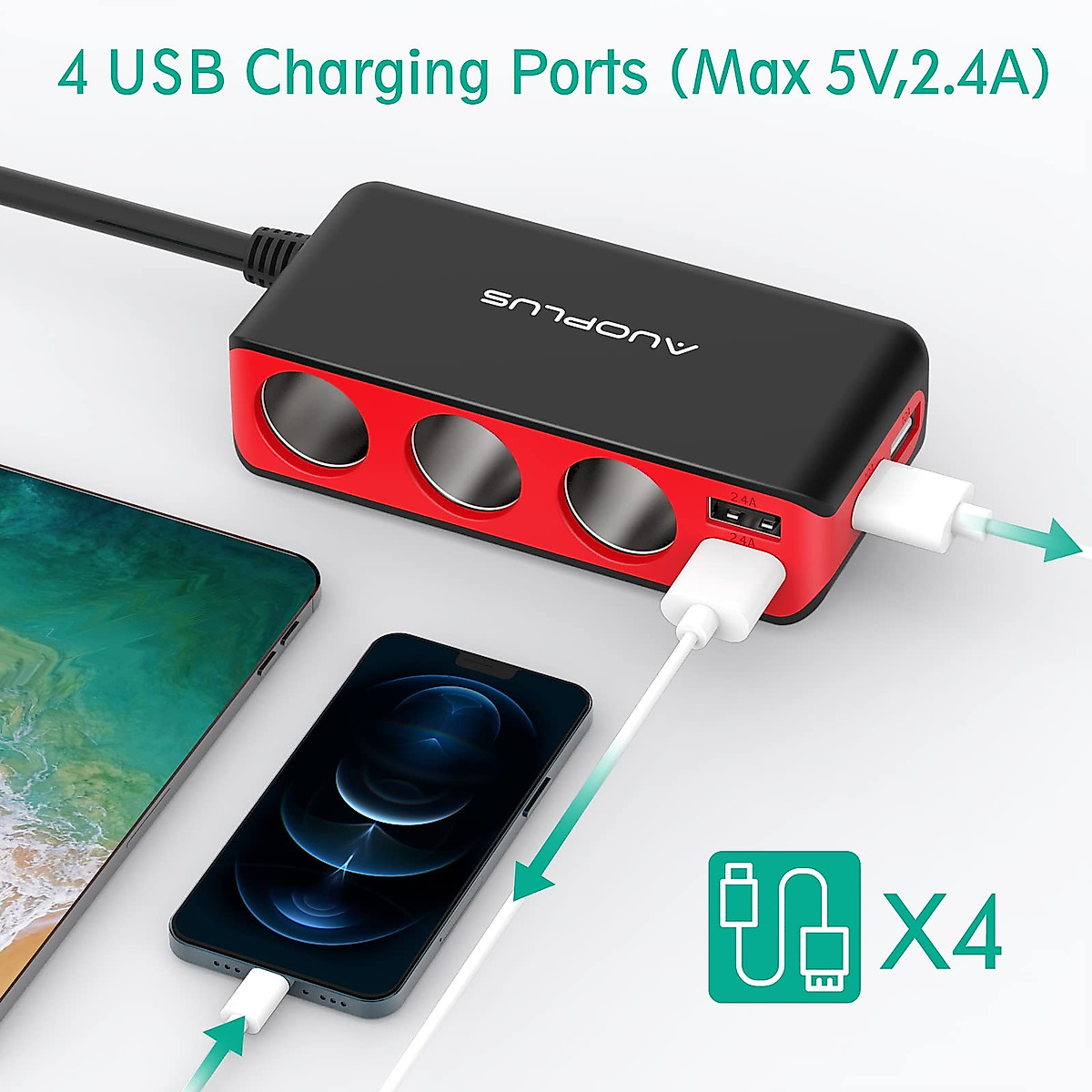 AUOPLUS 120W 3 Socket Cigarette Lighter Splitter Car Charger Adapter, LED Voltage Display Dual 4 USB Chargers(6.8A), Car Charger On/Off Switches 12V for iPhone iPad Samsung GPS Dashcam