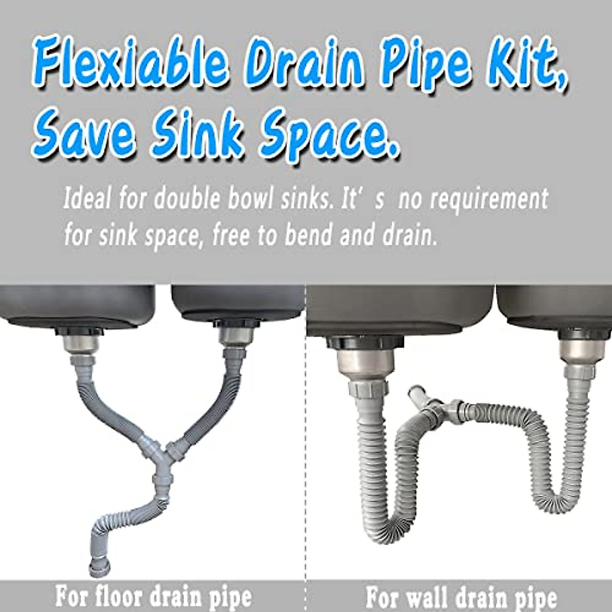 Cinsda Flexible P Trap Kit Fits 1 1/2" or 1 1/4" Double Bowl Sink Drain, Expandable All In One Sink Drain Pipe for Kitchen, Bathroom, Restroom