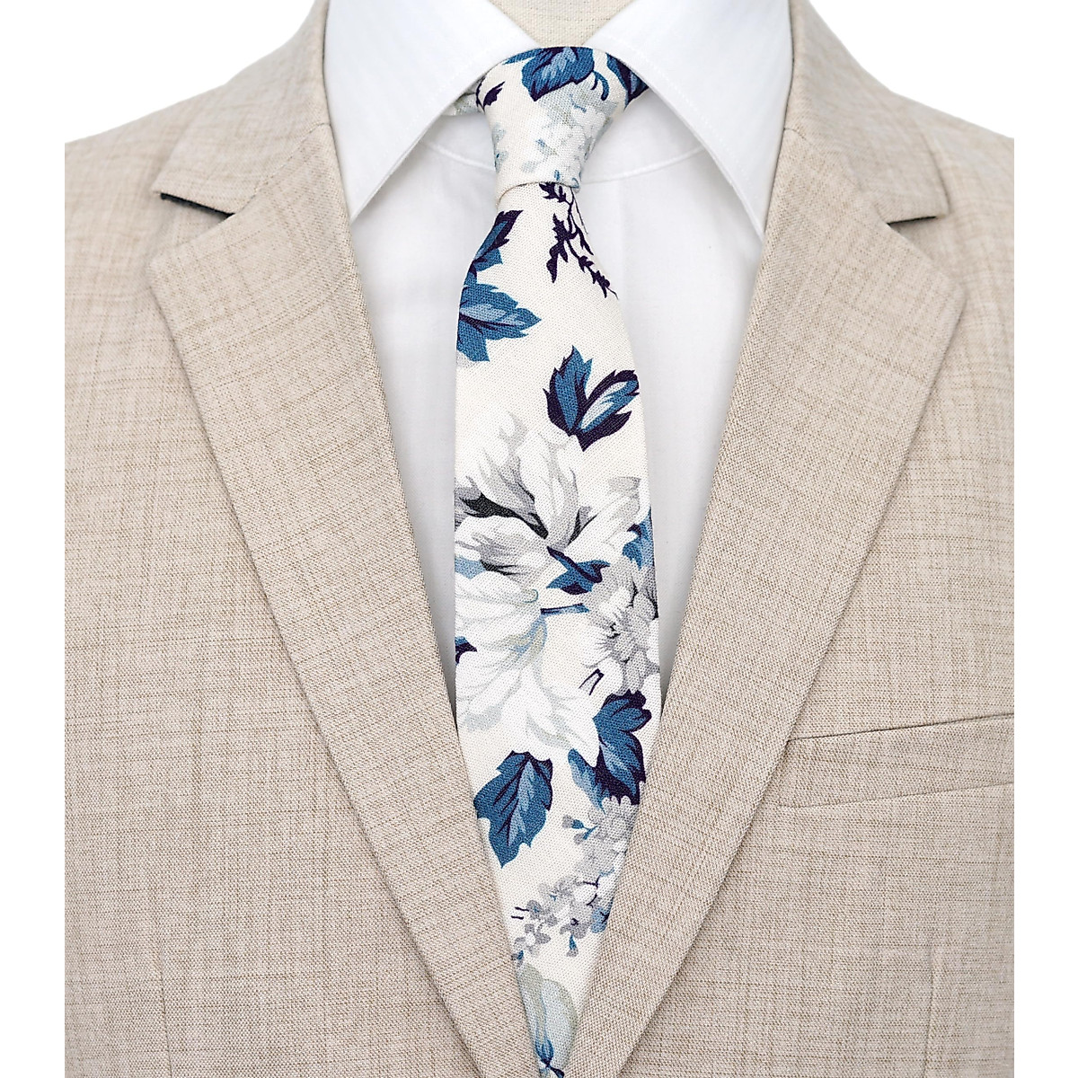 BELLUNO Floral Skinny Tie for Men, Slim Flower Tie for Wedding, Activities, Gift Box-Beige Blue