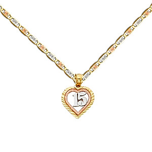 TGDJ 14K Tri Color Gold Sweet 15 Years Quinceanera Heart Charm Pendant with 1.5mm Valentino Chain | 14K Gold Necklace Chain with Pendant | Spring-Ring Clasp Pattern Unisex Real Gold Chain (16)