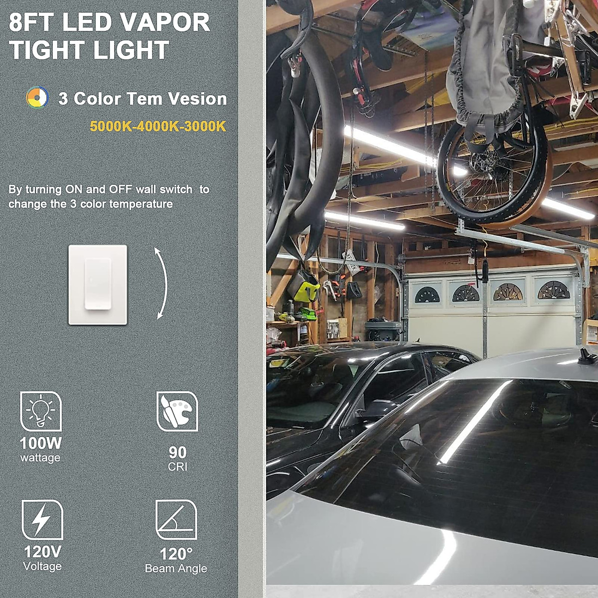 8ft Flush Mount 100w 3CCT(3000-4000-5000k) Selectable LED Vapor Shop Celling Light with 5ft Plug and Play for Special Wet Location and Celling Fixture Industry and Commercial Illumination (2 Pack)