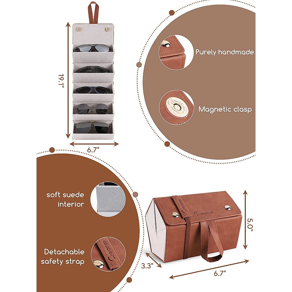 cloudever Sunglasses Travel Case Organizer for Men Women, Eyeglasses Foldable Hanging Case Storage Holder Organizer (Orange Brown)