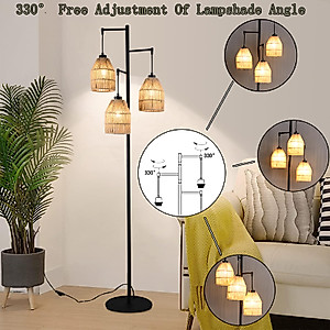Rattan Floor Lamp for Living Room Bedroom 3-Lights Boho Tree Floor Lamps Modern Black Standing Lamp,Woven Hemp Rope Wicker 68"Tall Floor Light with Rotatable Farmhouse Foot Switch Rattan Tall Lamp