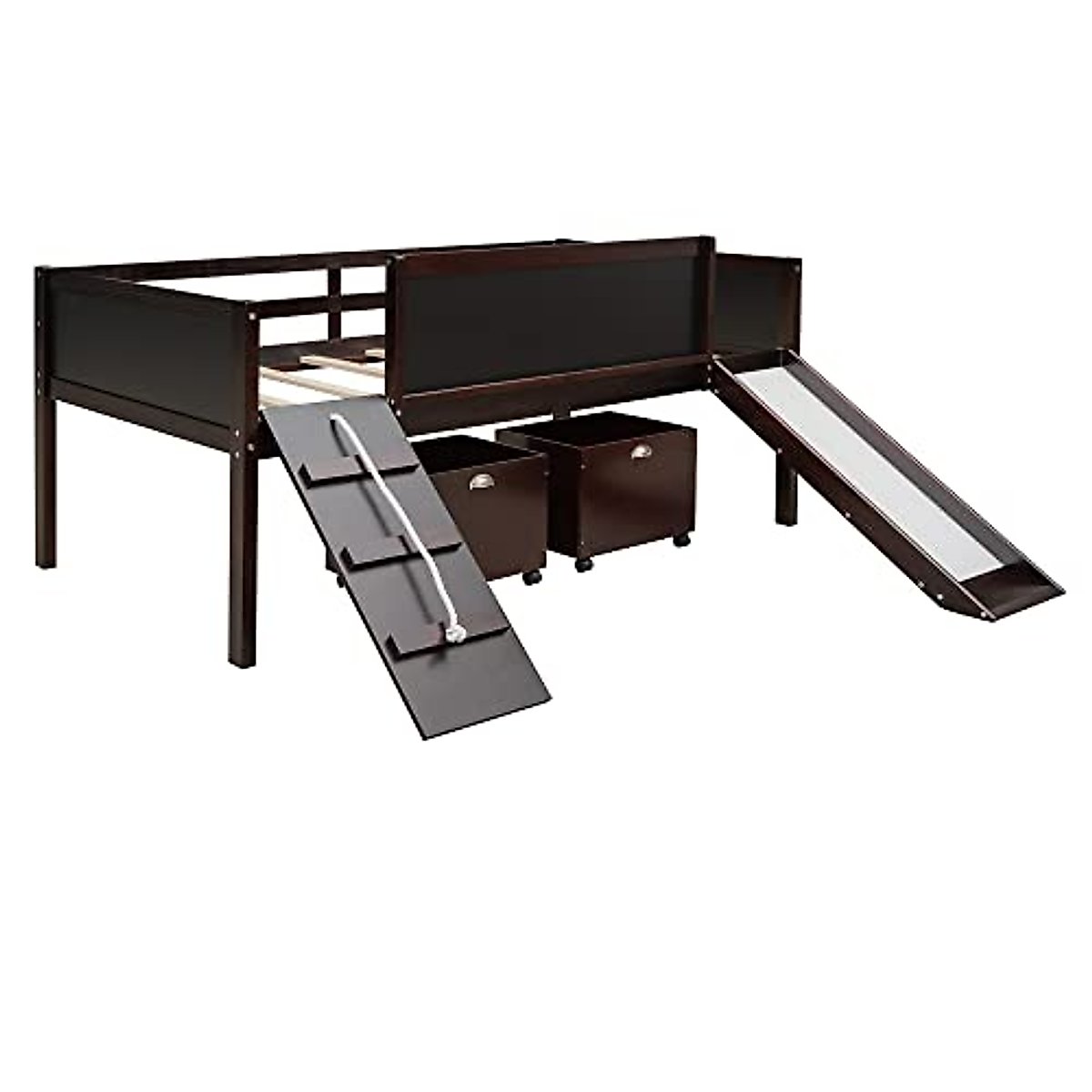 GINGVAT Twin Size Loft Bed with Two Storage Boxes, Wood Loft Bed with Climbing Frame, Slide and Guardrails，Multi-Functional，Espresso