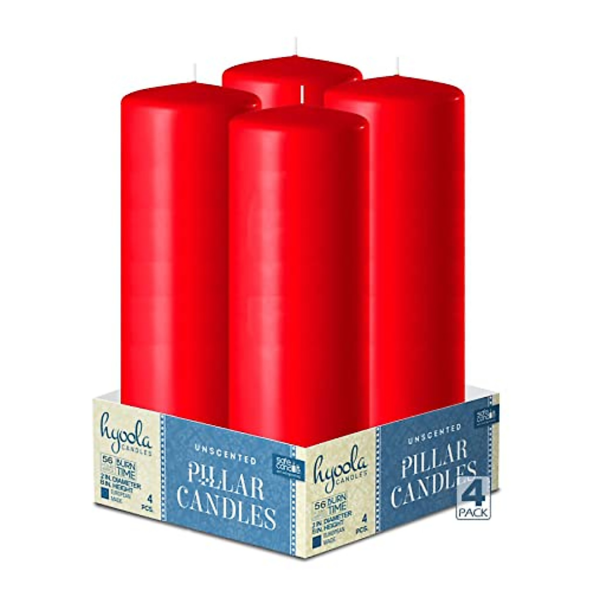 Hyoola Red Pillar Candles 2x8 Inch - 4 Pack Unscented Pillar Candles - European Made