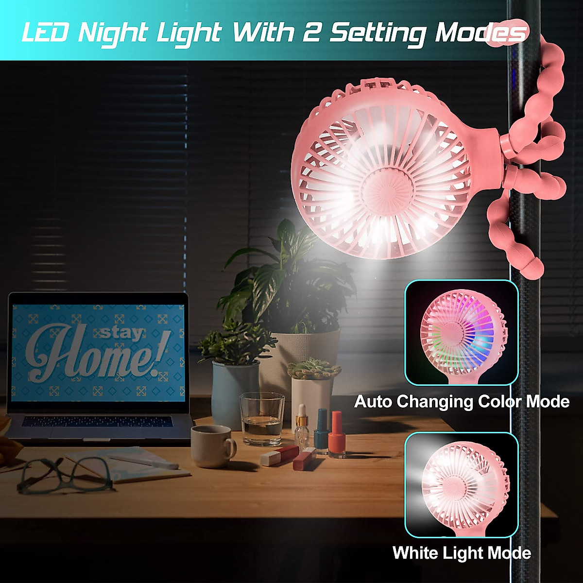 scurry Stroller Fan Upgraded Portable Fan Versatile Fan Personal Desk Fan USB Rechargeable Fan with LED Light and Aromatherapy Flexible Tripod Design Handheld Fan 3 Speeds Baby Fan for Stroller（Pink）