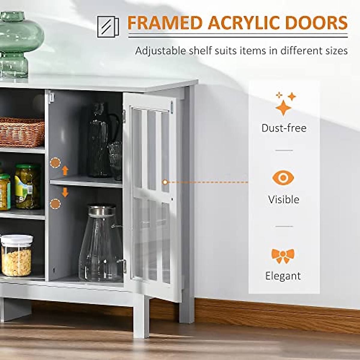 HOMCOM Sideboard, Buffet Cabinet, Coffee Bar Cabinet, Kitchen Cabinet with Storage Shelves, Slatted Framed Doors and Cable Management for Living Room, Gray