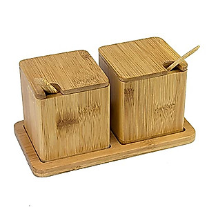 Bamboo Salt and Spice Container Set with Lid, Tray and Spoon, Square Seasoning Storage Box with Dipper, Salt Holder Pepper Container Condiment Canister for Kitchen | Salt Pepper Container