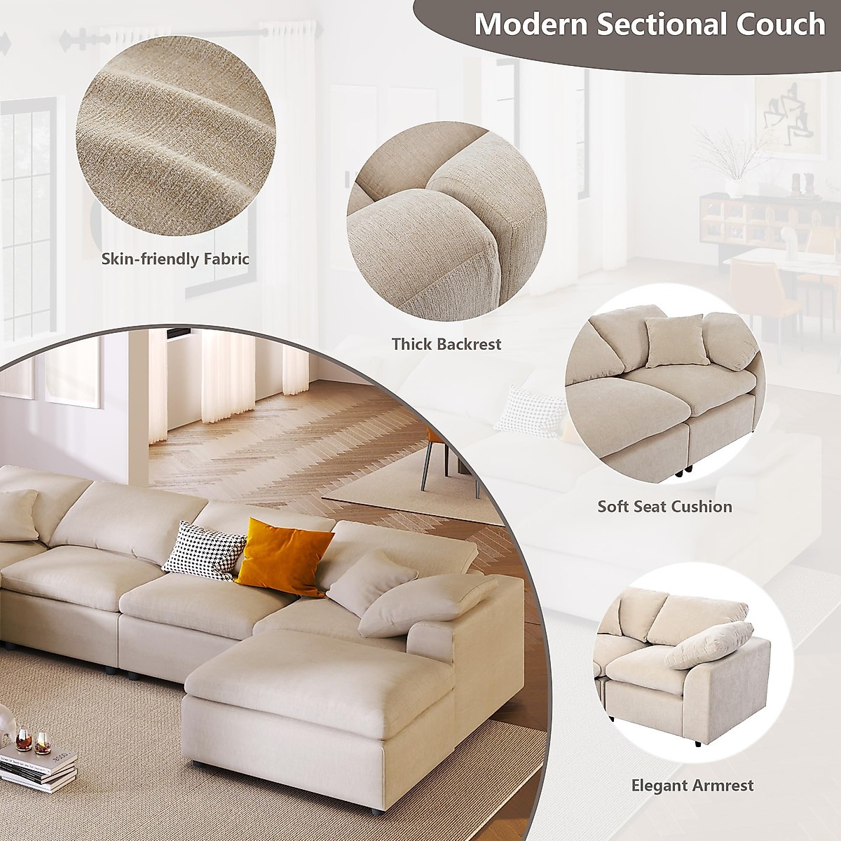 VEPXXP Oversized Modular Sectional Sofa Couch, 7 Seater Corner Sofa Modern U Shaped Sectional Couch with Ottoman Cloud Couches for Living Room, Office, Spacious Space