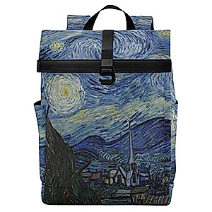 OREZI Van Gogh Painting Blue Starry Night Schoolbag Roll Top Backpack Laptop Backpack Travel Backpack for Kid's Adult
