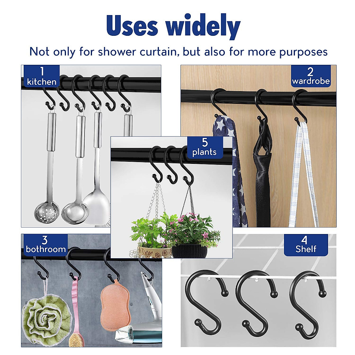 Metal Shower Curtain Hooks，Set of 12 Rings，Rust Resistant S Shaped Hooks Hangers for Shower Curtains, Kitchen Utensils, Clothing, Towels, etc. (Black)