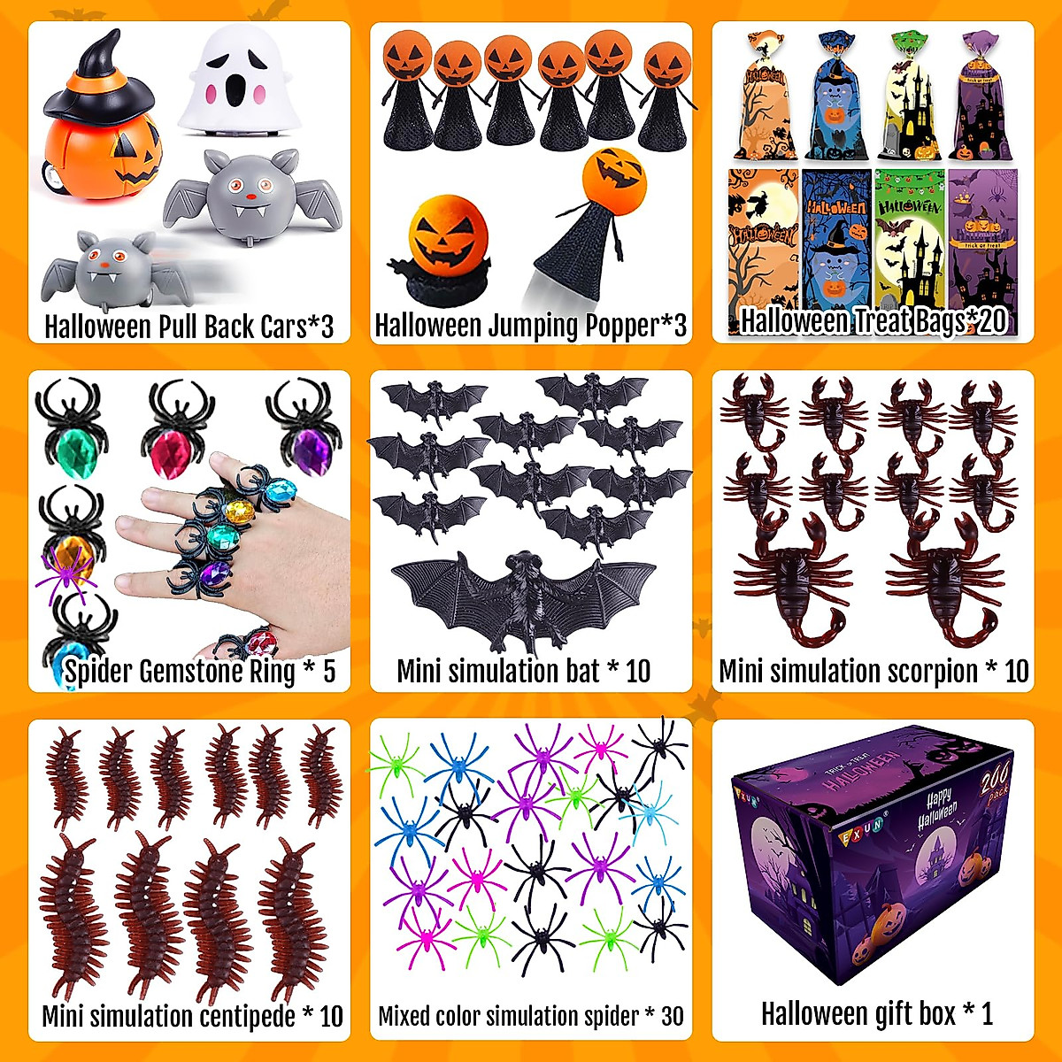 Exun 200PCS Halloween Party Favors, Bulk Halloween Toys for Treats, Non-Candy Classroom Prizes, Goodie Bag Stuffers, Pinata Fillers, Ideal Halloween Gifts for Kids, Teens, and Toddlers