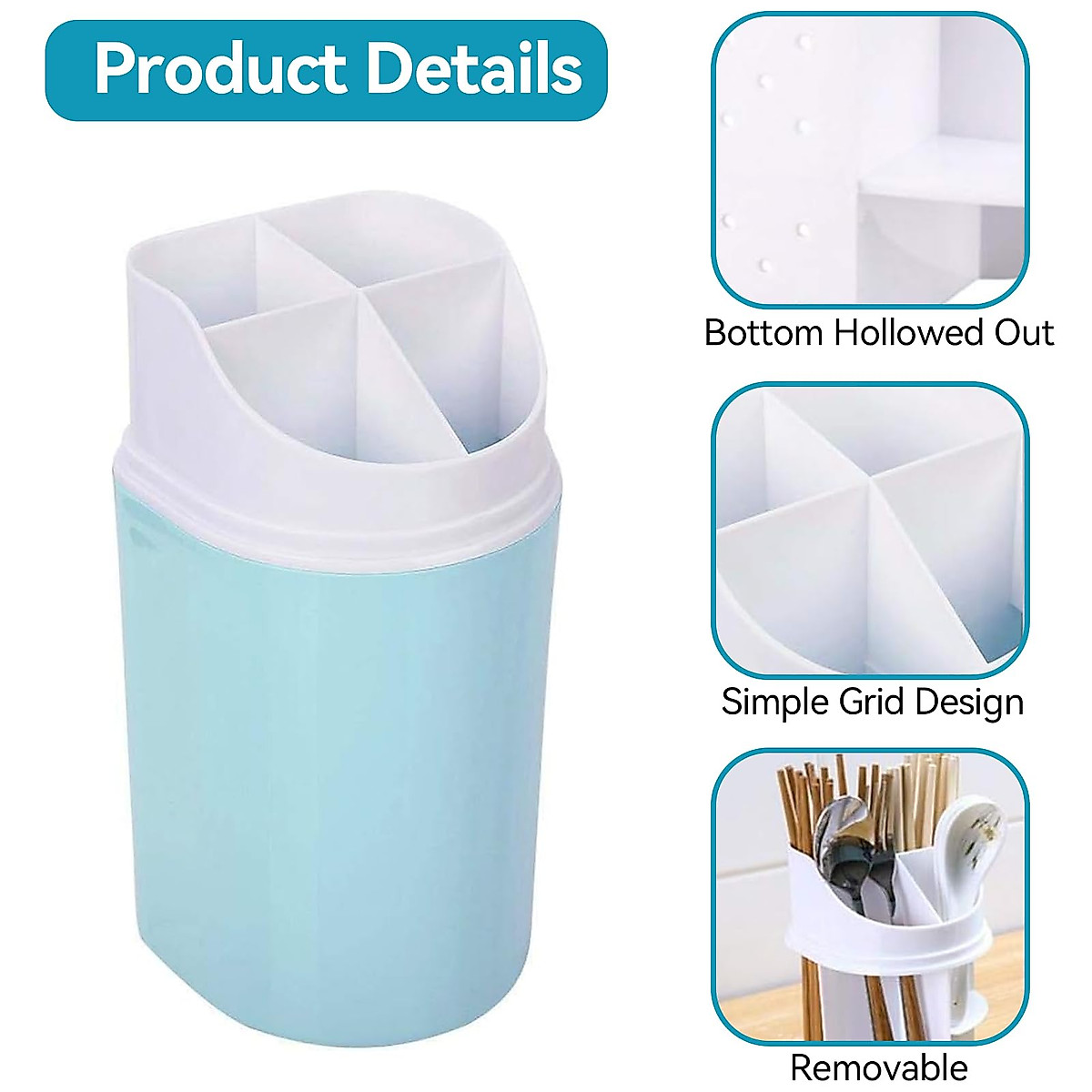 Kitchen Utensil Holder with Cover, 4 Compartment Wall-Mounted Countertop Plastic Silverware Holder Utensil Drying Rack for Cutlery, Chopstick, Spoons, Forks, Knives(Blue)