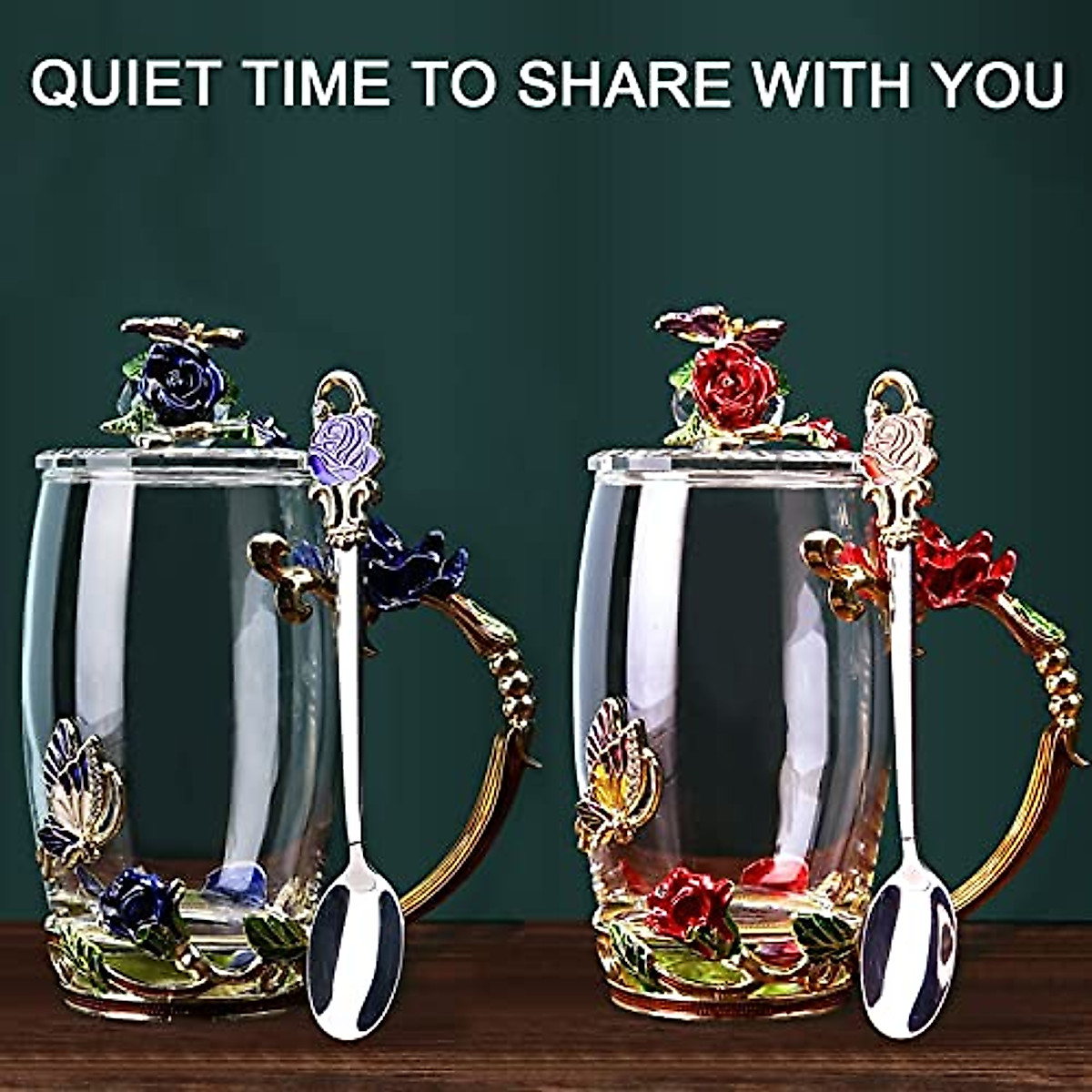 Vivimee 2 Pack Tea Cups with Lids, 12 oz Clear Glass Cups with Spoon Set, Flower Tea Cup Set, Mother's Day Gifts, Glass Tea Cups for Women, Tea Mug for Coffee, Tea, Juice, Milk Hot and Cold Drinks