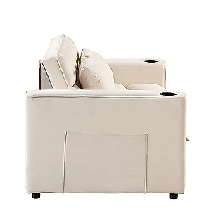 Verfur 3 in 1 Multi-Functional Futon Couch Pull Out Sleep, 2 Seater Convertible Loveseats Sofa with Adjustable Backrest,Comfy Upholstery Sofacama Sofabed, White 55.3" w/Cupholders and USB Charge Ports