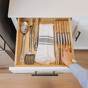 Bamboo Kitchen Knife Block Holder Organizer - Holds 5 Long + 6 Short Knives (Not Included), Fits Most Knife Sizes, Rubber Feet, Sustainable Bamboo, In-Drawer Design