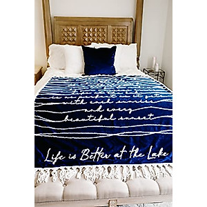Pavilion - Life is Better at The Lake 50" x 60" Luxury Sherpa Tassel Raised Text Throw Blanket Housewarming Apartment Warming Cottage Lakehouse Gift - Threaded Together