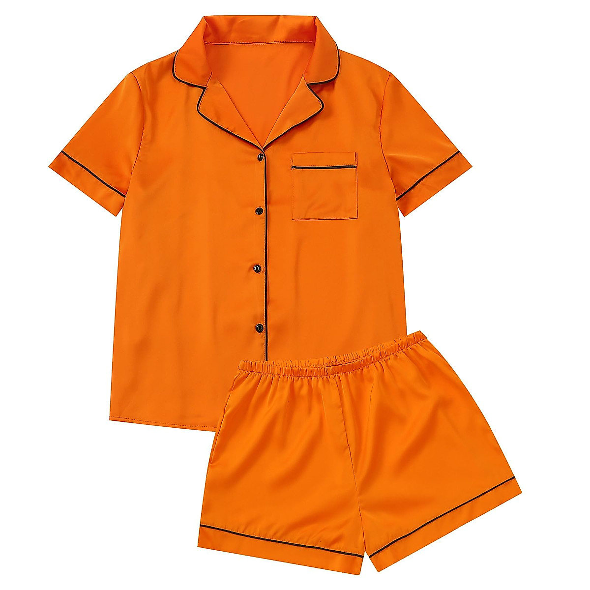 Lanyoshe Silk Pajamas for Women Satin Womens Pajama Sets Short Sleeve Lounge Set 2-Piece Sleepwear Notch Collar Button-Down PJ Set (Orange, XL)