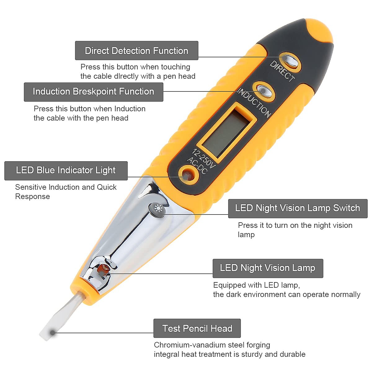 Smgda Digital Voltage Circuit Tester Pen 12V-220V DC & AC Voltage Detector NO Battery Intelligent Induction Electroprobe with LED Light for Home Repair and Detection