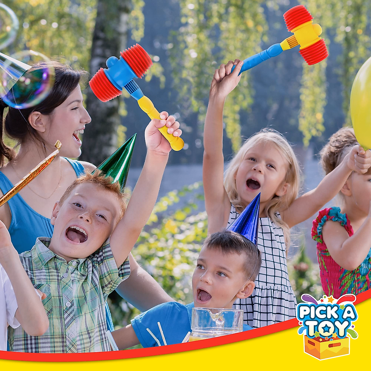 Squeaky Hammer Toy for Kids, 14” Long with Soft Plastic Mallet, Fun Birthday Party Favor for Carnival, Circus, and Whack a Mole Games, Interactive Pounding Action, Red Carry Bag