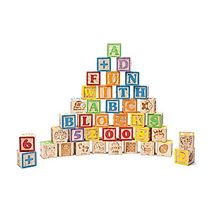 maxim enterprise, inc. Jumbo Wooden ABC Blocks for Toddler Learning, Baby Shower Decoration, Engraved Alphabet and Number Blocks to Stimulate Learning, Creativity, Early Development, 40Pcs