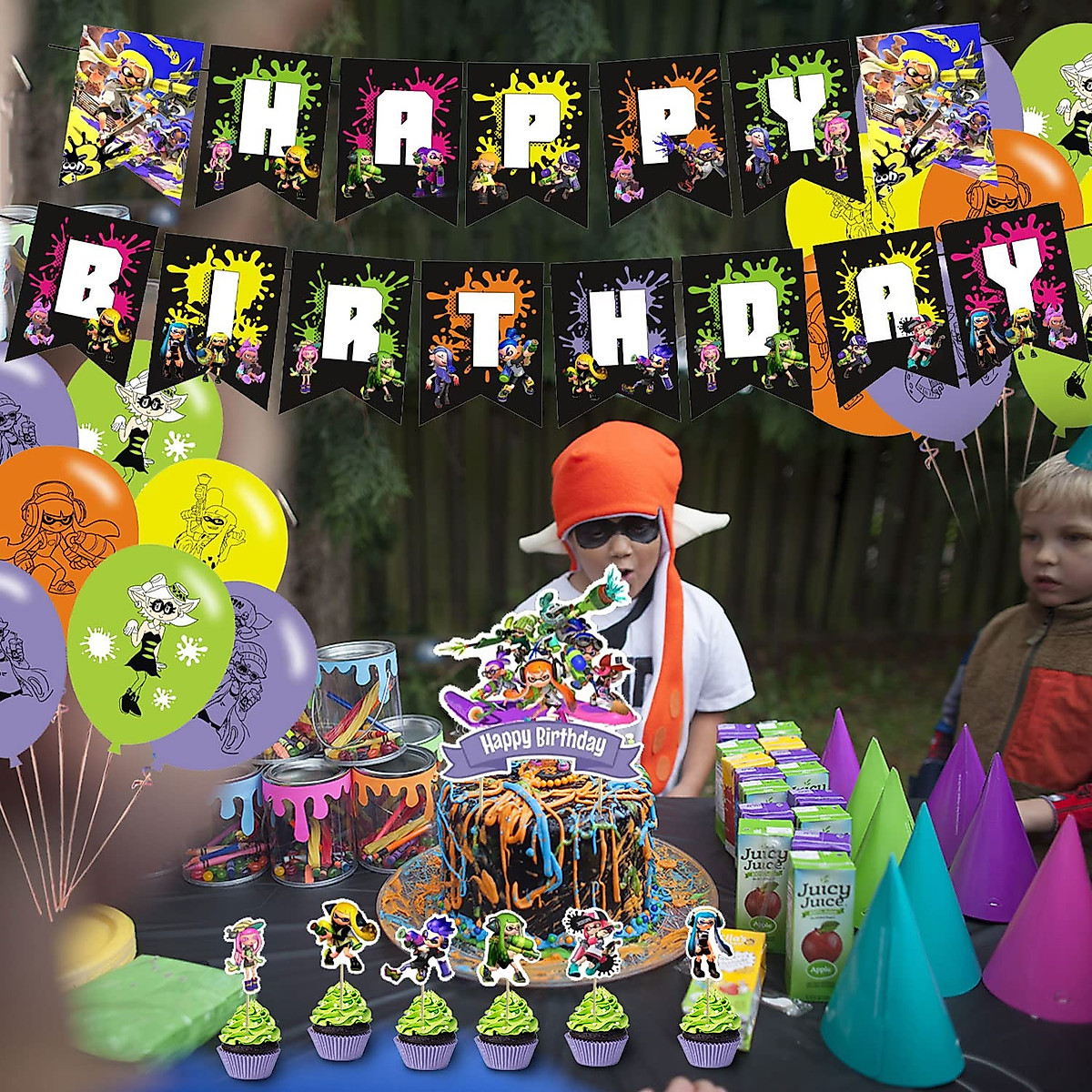 Mnhjkiuo 𝑺𝒑𝒍𝒂𝒕𝒐𝒐𝒏 3 Birthday Party Decorations, Video Game Party Supplies with Happy Birthday Banner, Cupcake Cake Toppers, Balloons for Kids Adults Birthday Party Baby Shower Decorations