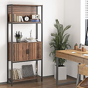 CharaVector 5-Tier Bookshelf with Doors,Tall Bookshelf with Cabinet, Rustic Wood Bookshelf for Bedroom, Industrial Bookcase for Living Room, Home Office, Walnut Brown