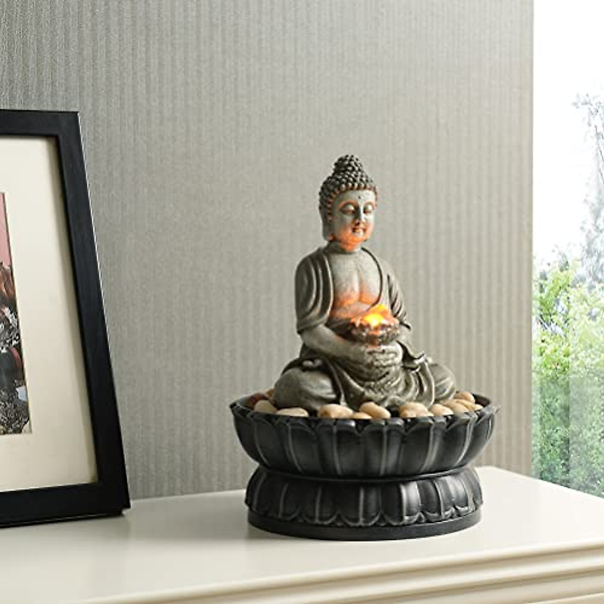 Haobos 9.4" Indoor Tabletop Fountain Exquisite Sitting Buddha Fountains Desk Water Fountain Decorative Zen Fountain w/Reflective Lighting/Cobblestone Office and Home Decor(21125B)