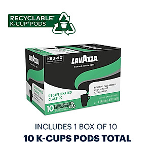 Lavazza Classico Decaf Single-Serve Coffee K-Cups for Keurig Brewer, Medium Roast, 10 Count Box ,Rich and full-bodied flavor delivers a uniquely intense aroma of dried fruits, 100% arabica coffees